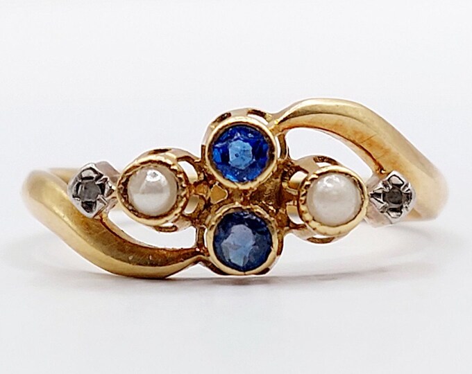 French Antique Ring 18k Gold Set With Blue Paste, Pearls and Rose Cut ...