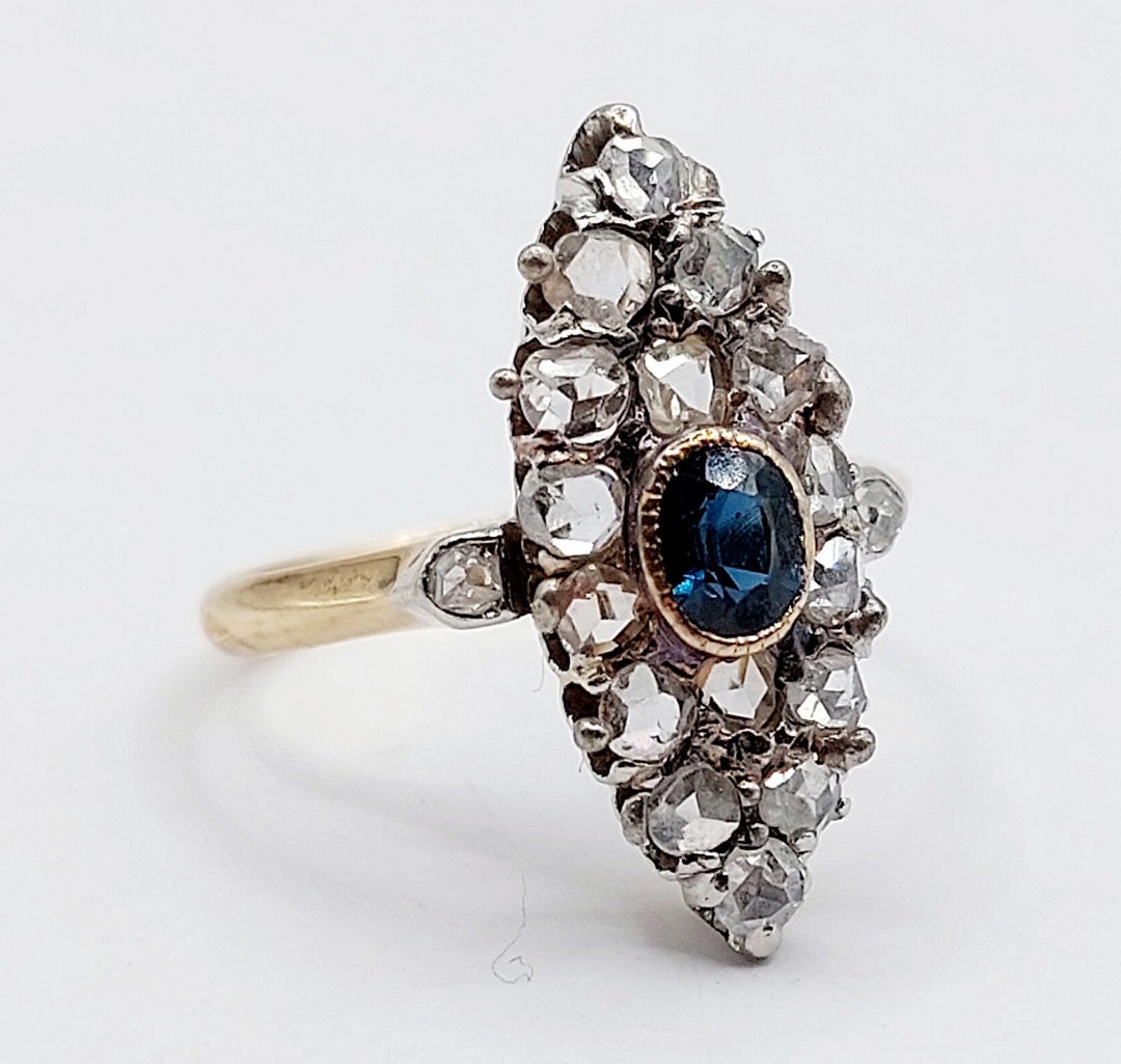 French Antique Marquise Ring 18k Gold and Platinium Set With a Sapphire ...
