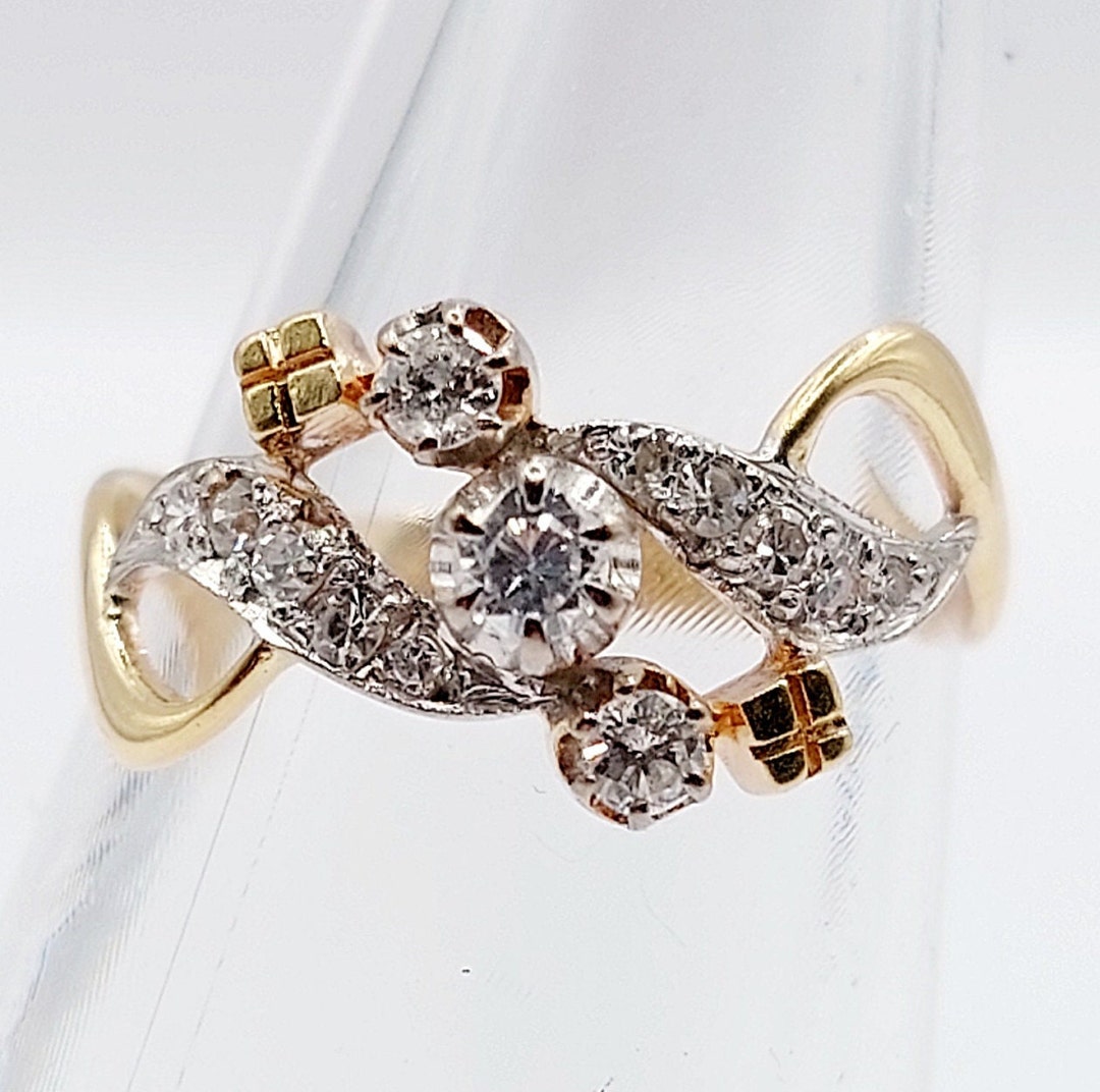 French Antique Tourbillon Ring 18k Gold and Platinum Set Brilliant Cut ...