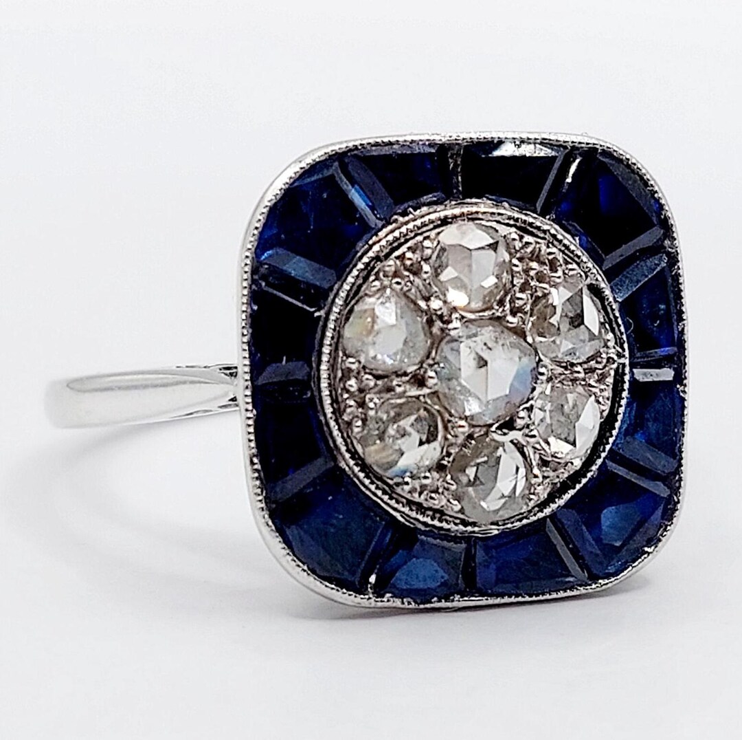 French Art Deco Target Ring 18k White Gold and Platinum Set With Rose ...