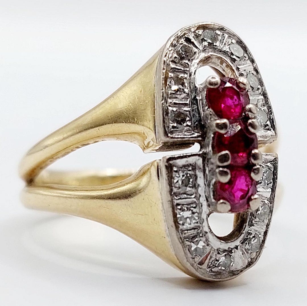French Vintage Signet Ring 14k Gold Signet Set With Rubies Surrounded ...