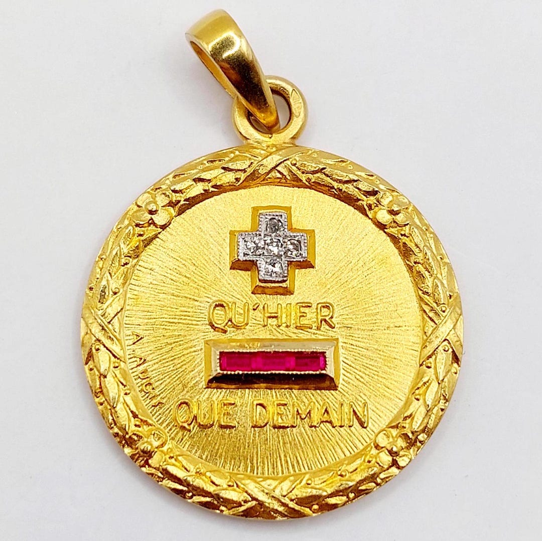 RARE XXL French Augis 23mm Love Medal 18k Gold Set With Ruby and ...