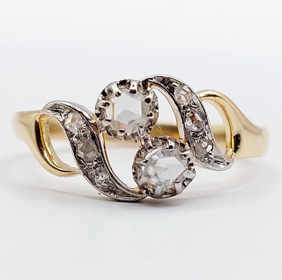 French Antique Ring 18k Gold Set With Rose Cut Diamonds in a Scroll ...