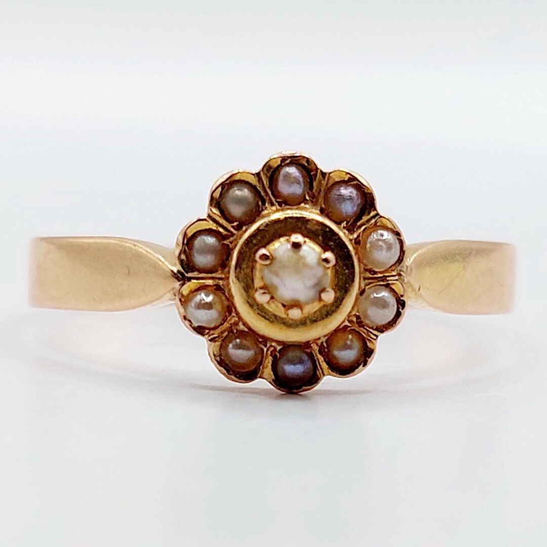 French Antique Daisy Ring 18k Rose Gold Set With Pearls in a Finely ...