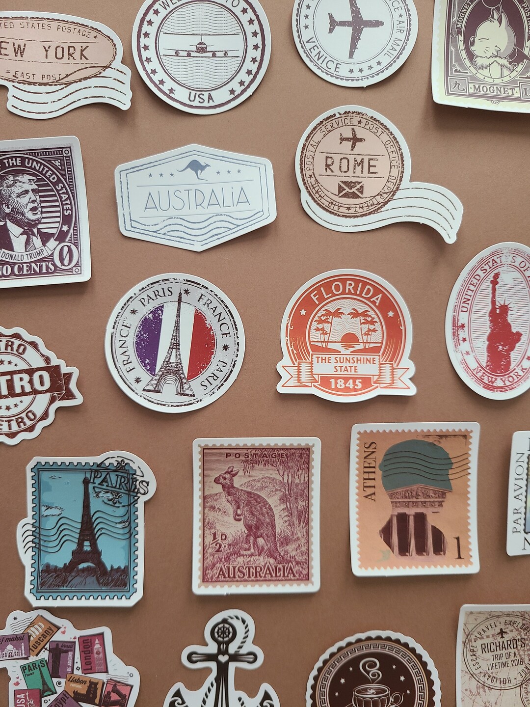 50 Vintage Country Stamp Stickers Travel France USA Japan Italy Plane ...
