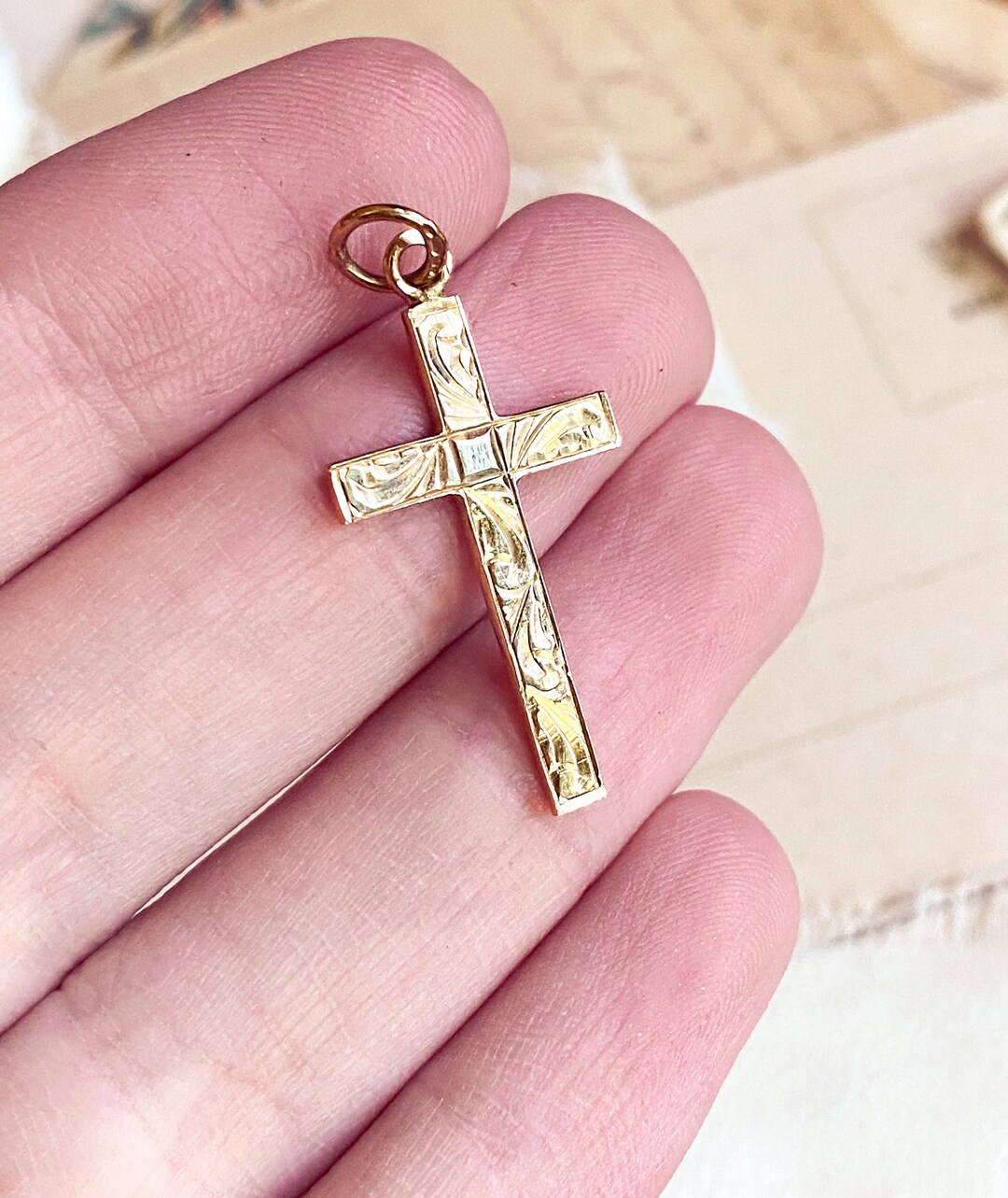 Vintage 9k Gold Cross Pendant, Vintage Cross Charm, Mid Century ...