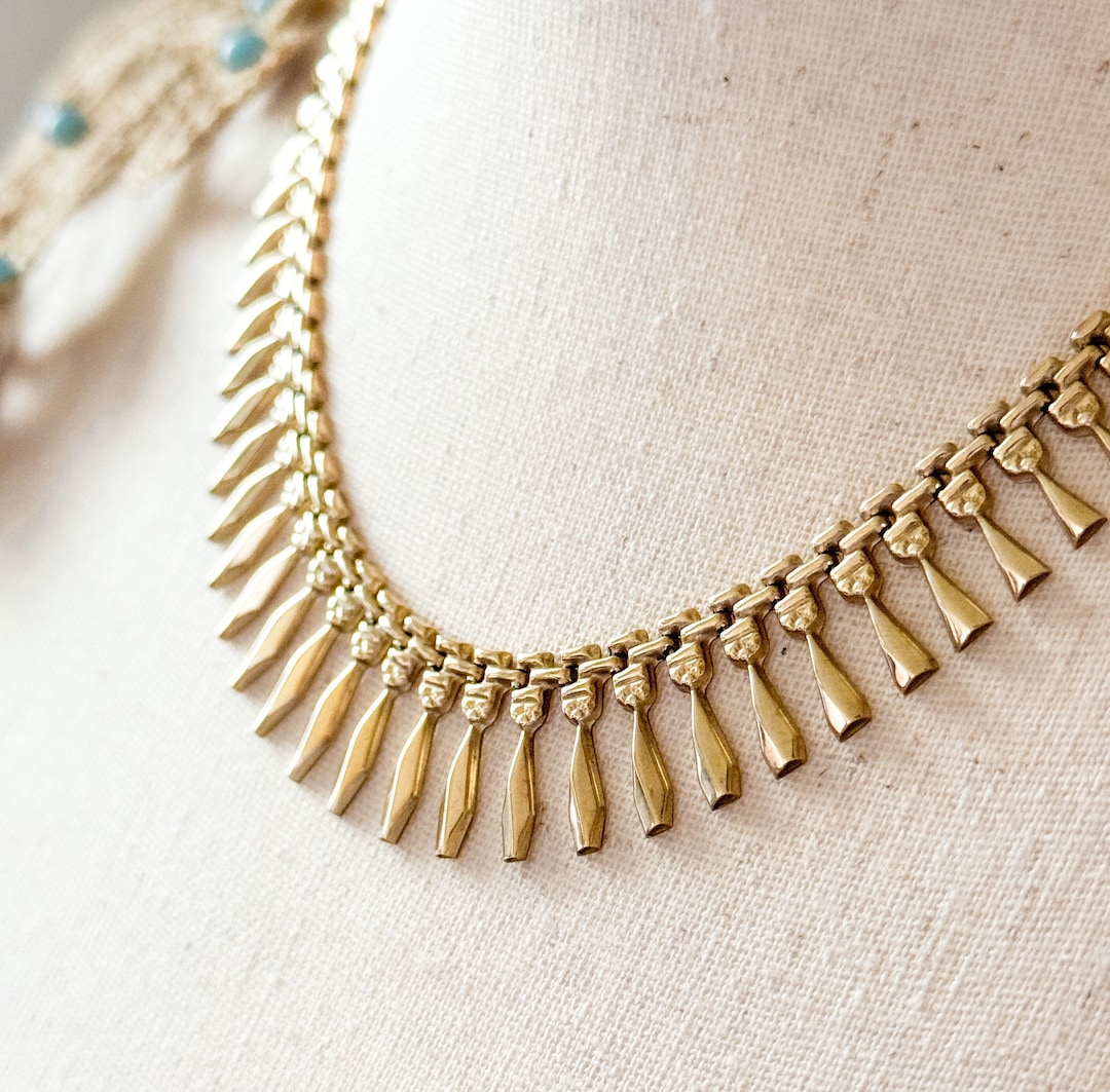 Vintage Gold Fringe Necklace in 9K Yellow Gold Cleopatra Egyptian ...