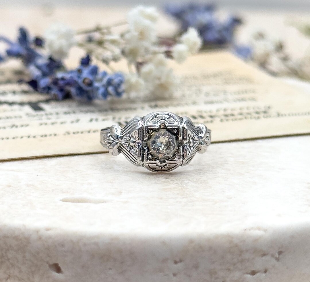 Cute Vintage Rhinestone Ring in Art Deco Style Mid Century 14K White ...