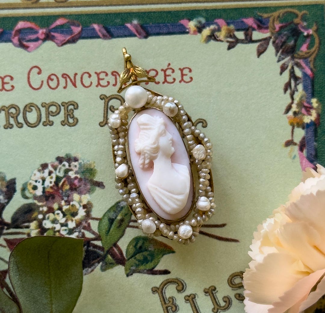 Antique Edwardian Angel Skin Coral Cameo Psyche Pendant With Seed Pearl ...