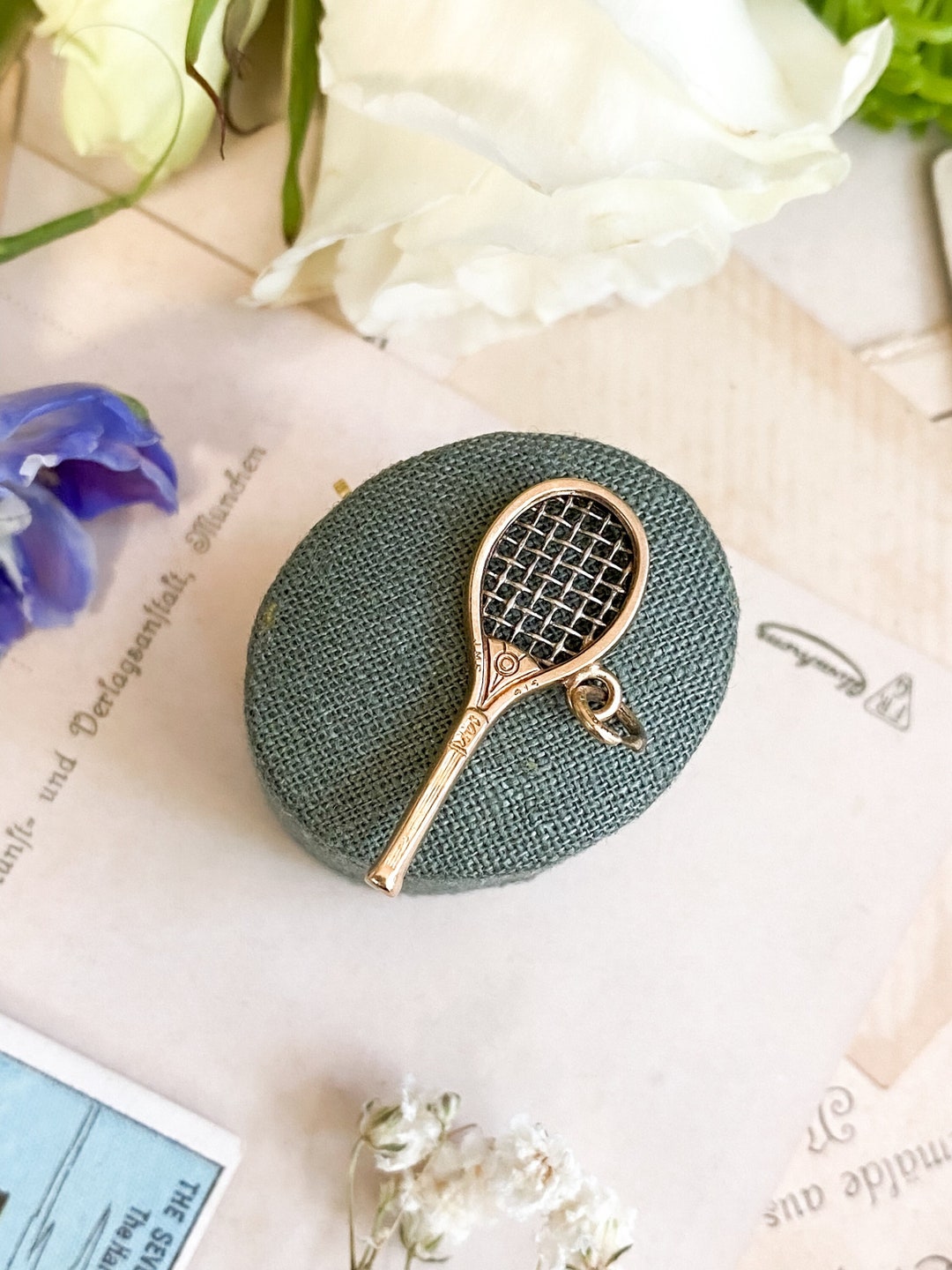 Vintage Tennis Racket Charm, Tennis Player Charm, Solid Gold Tennis ...