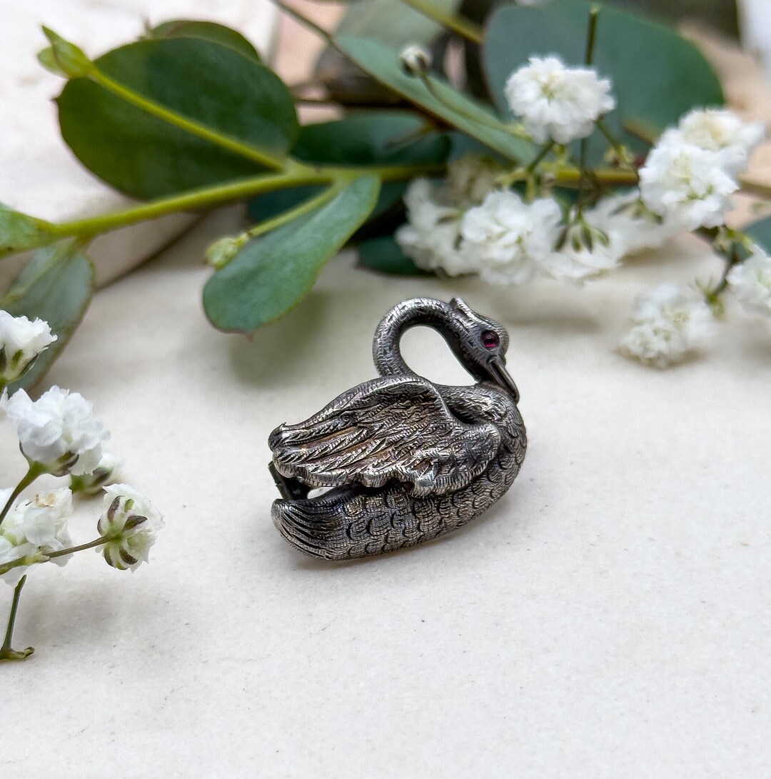 Victorian Swan Brooch in Silver With Red Glass Gem Set Cabochon Eye ...