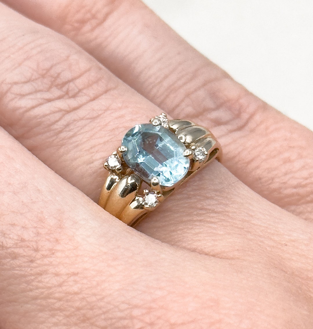 Vintage Aquamarine and Diamond Ring in 14K Solid Gold, Vintage Gold Ring, Blue Stone Ring, 1990s ...