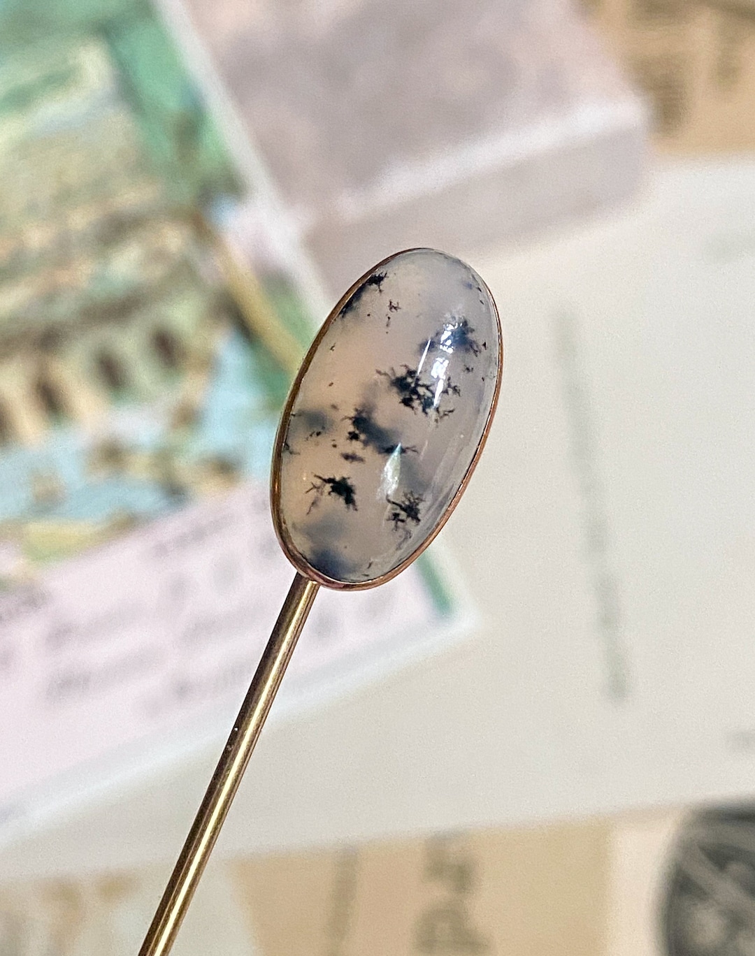 Victorian Dendritic Agate Stick Pin, 14k Yellow Gold Picture Agate Pin ...