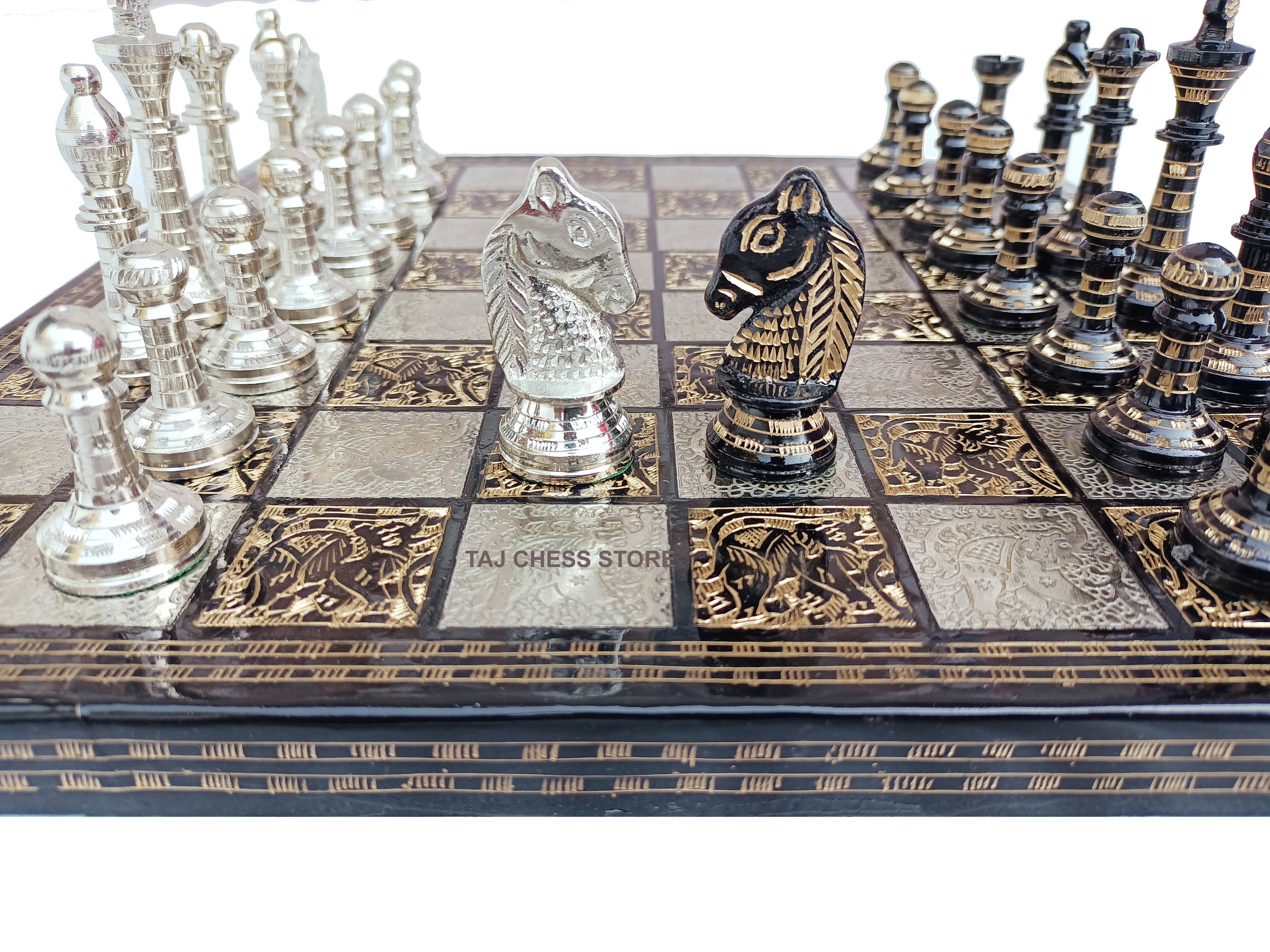 12" Solid Brass Metal Chess Set Pieces & Board With Velvet Storage Box ...