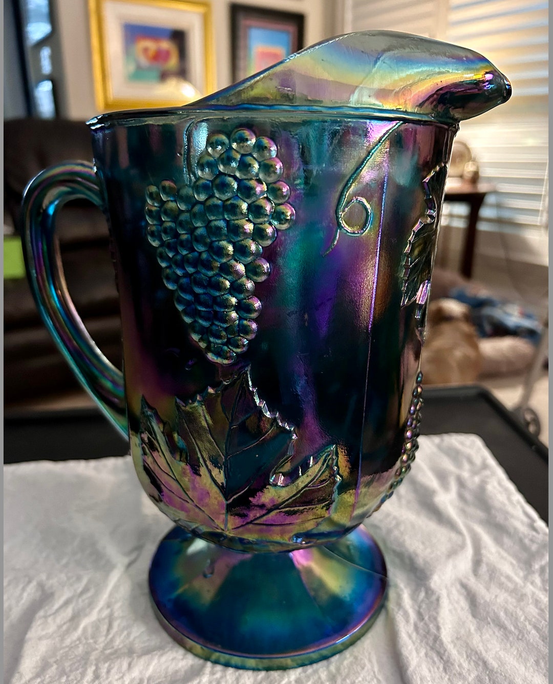 Iridescent Indiana Carnival Glass Blue Harvest Pitcher - 1940s - 1950s ...