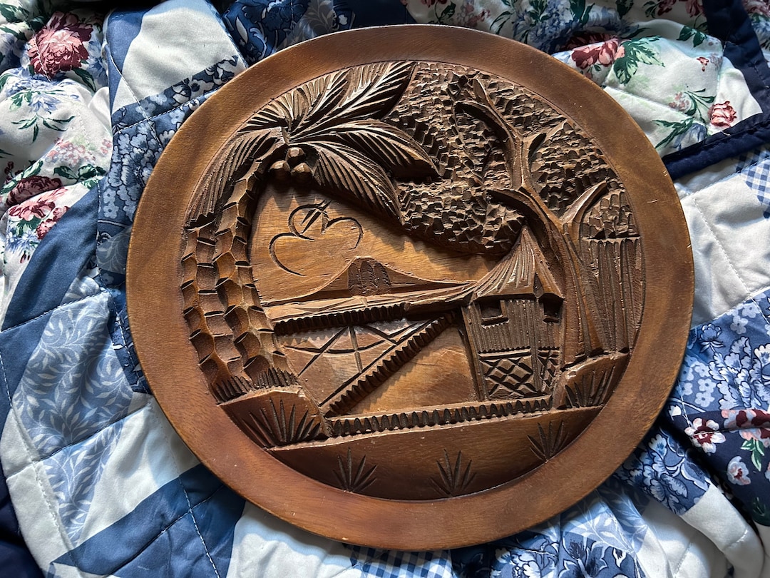 Vintage Carved Wood Plaque W/trees and Hut - Etsy