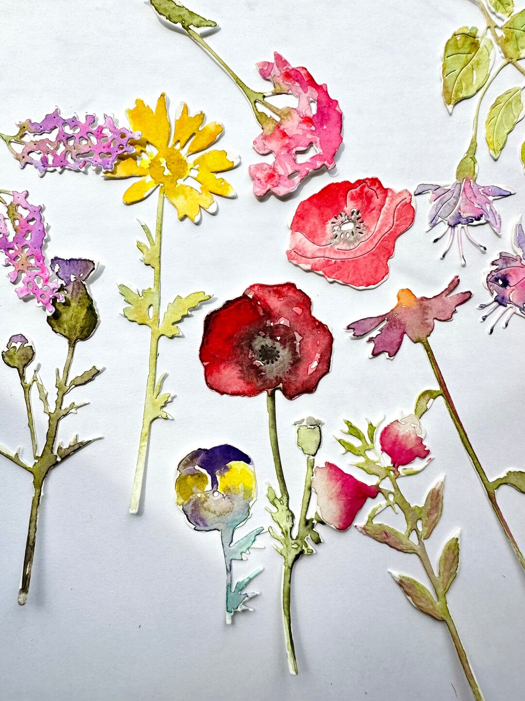 Watercolour Painted and Die Cut by Me Summer Wild Meadow Flowers Set of ...