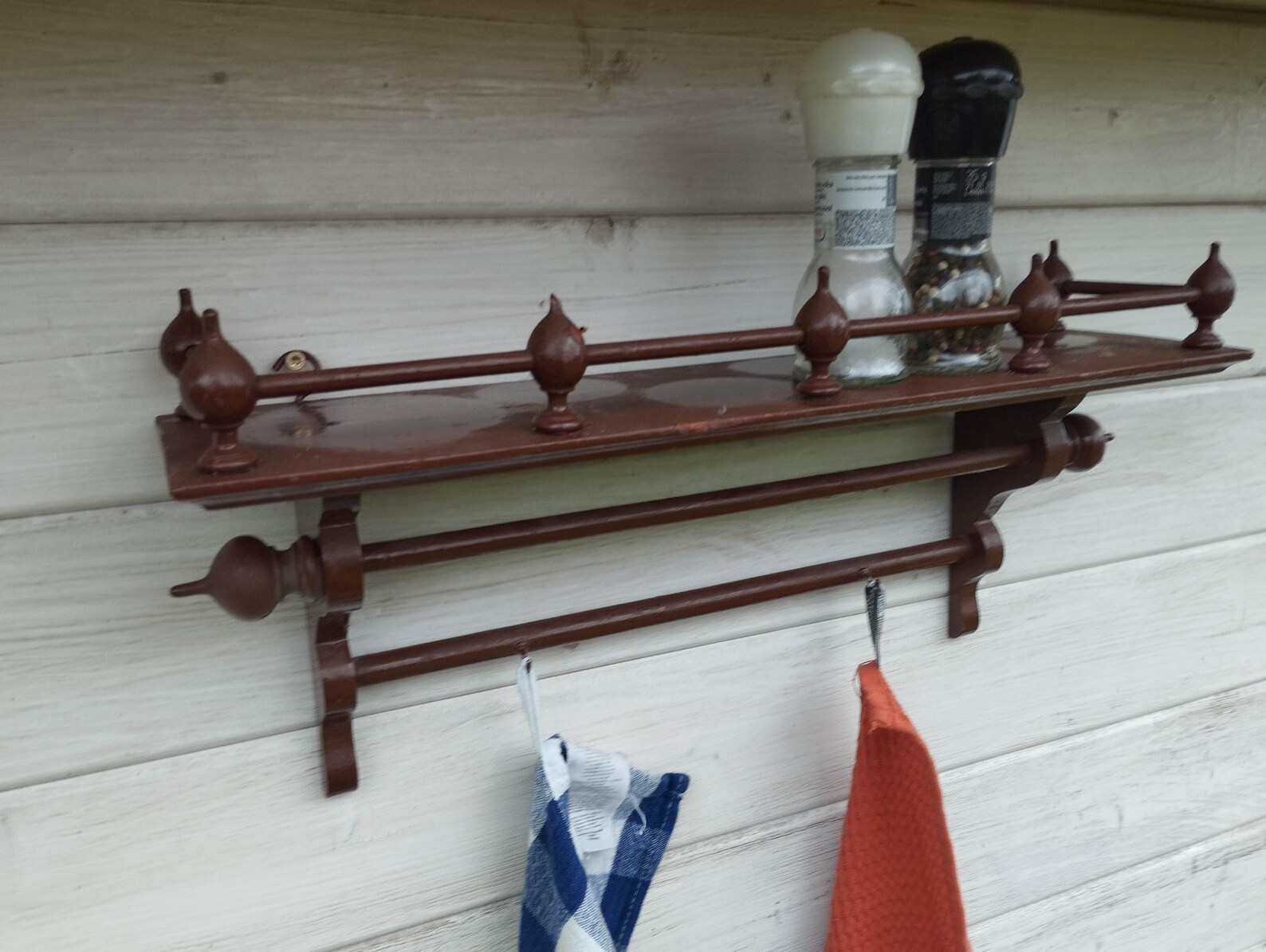 Antique Brown Wooden Wall Shelf With Spindles – Early 20th Century ...
