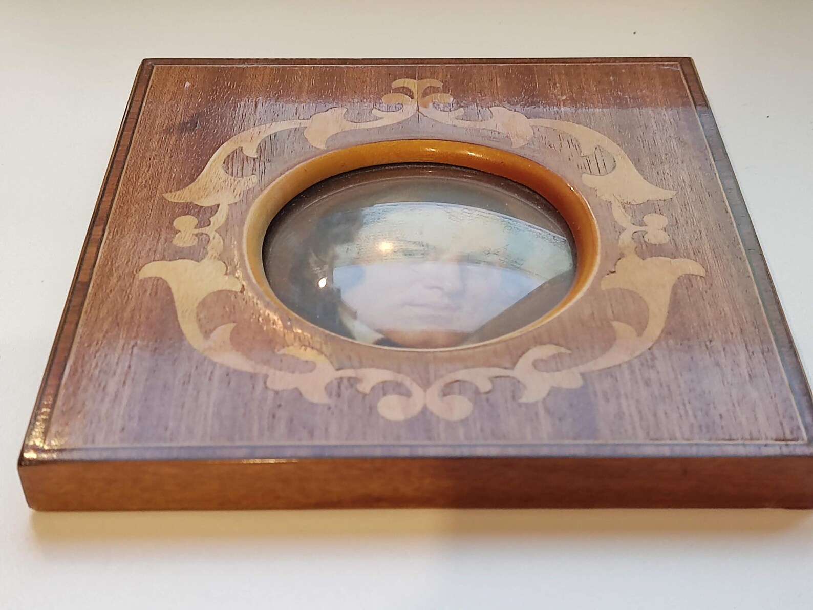 Antique Swedish Wooden Inlaid Photo Frame With Round Convex Glass/ Hand ...