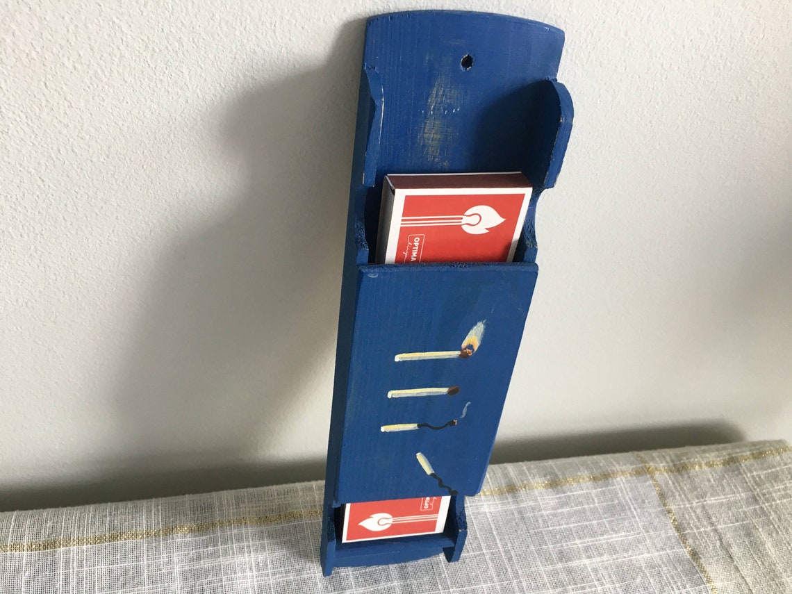 Vintage Wooden Kitchen Matchbox Blue Match Box Holder Hand Made Hand ...