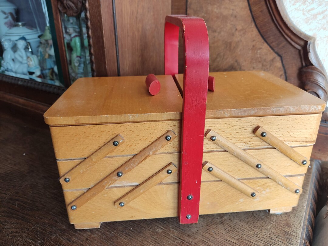 Vintage 3 Tier Wooden Sewing Box Red Brown Wooden Sewing Box Sewing ...