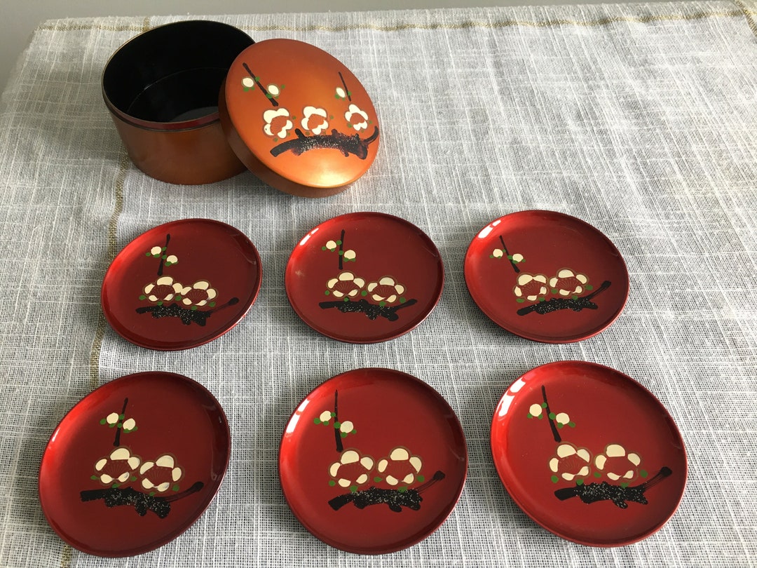 Vintage SS Lacquer Ware Alcohol & Stain Proof 8 Piece Floral Coaster ...