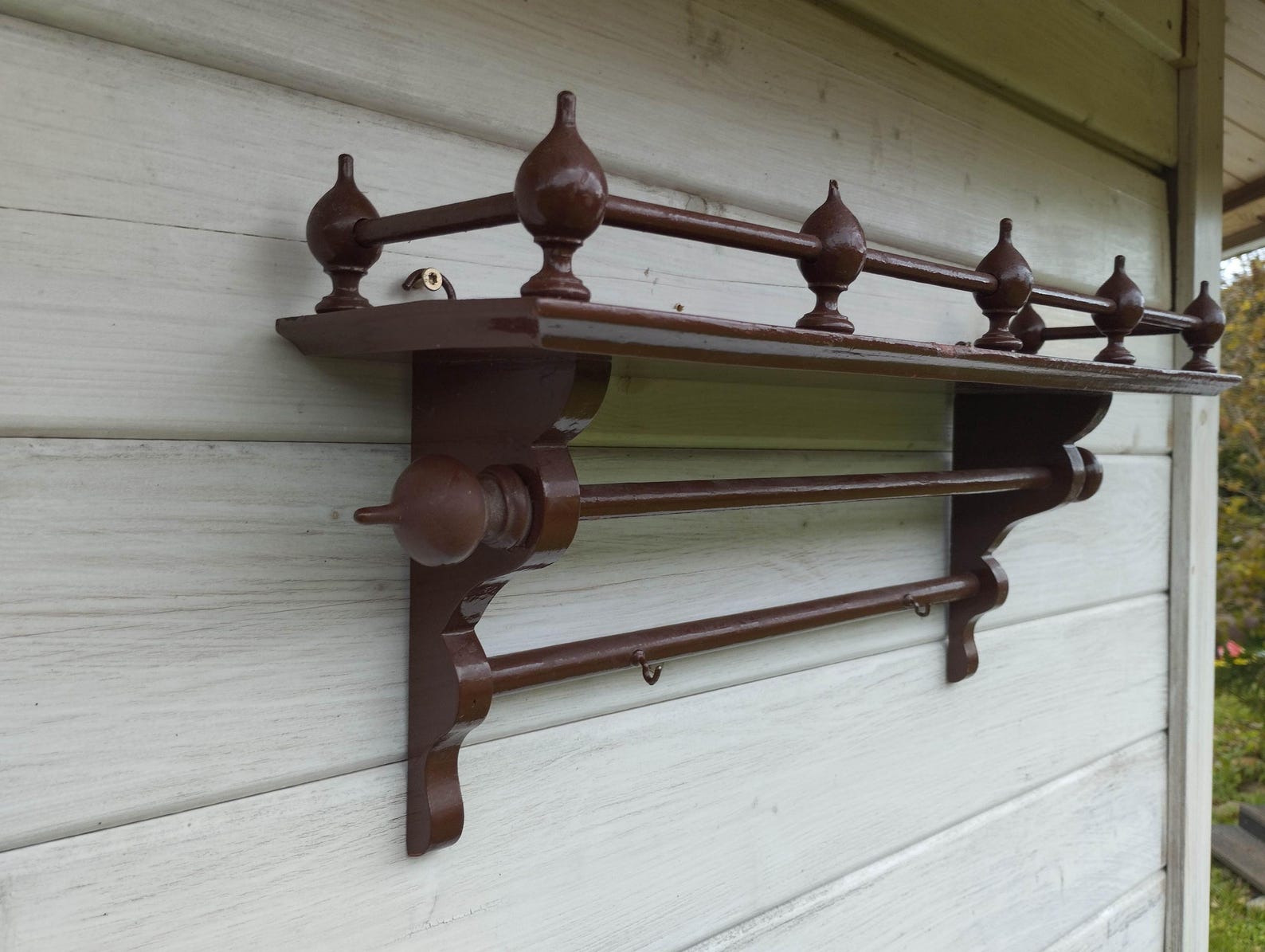 Antique Brown Wooden Wall Shelf With Spindles – Early 20th Century ...