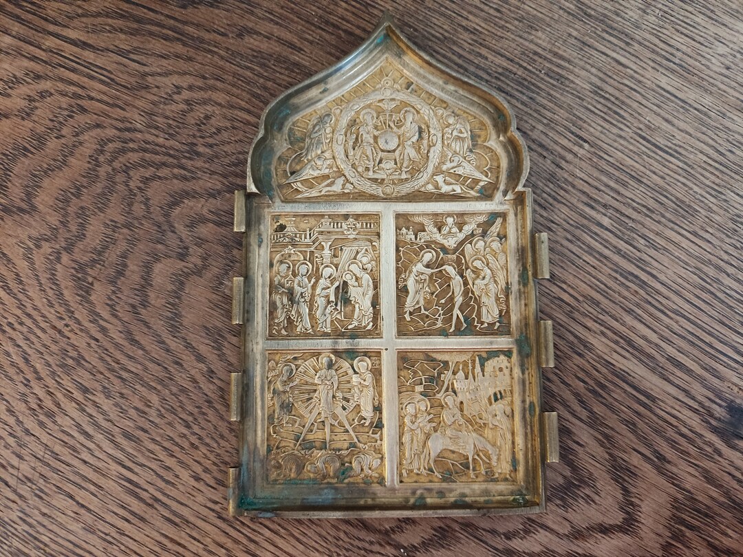 Antique 19th Century Russian Orthodox Christian Icon Travel Brass Panel ...