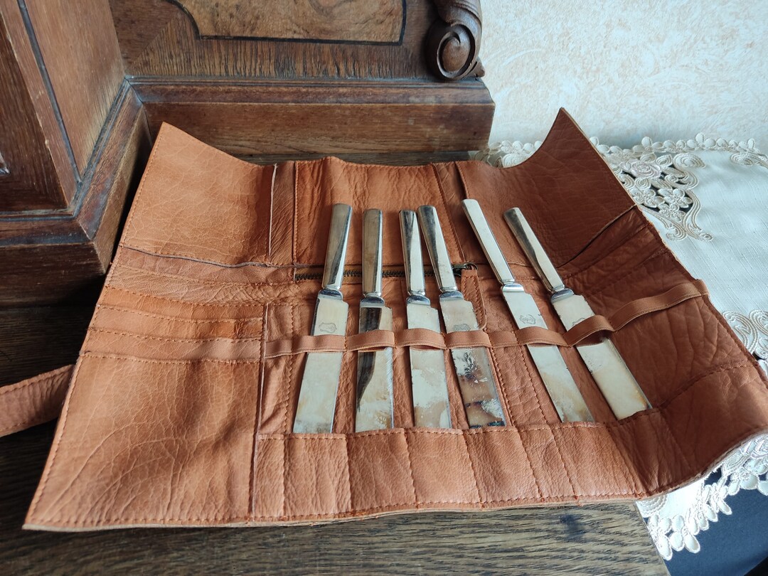 Vintage Genuine Leather Knife Roll Set Chef's Knife Holder Cutlery ...