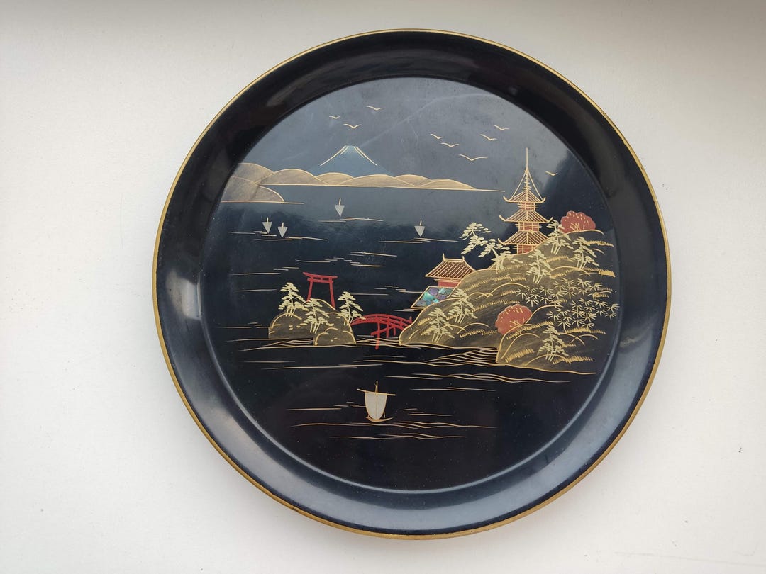 Vintage Black & Gold Lacquerware Wooden Plate Dish/ Fujiyama Landscape ...