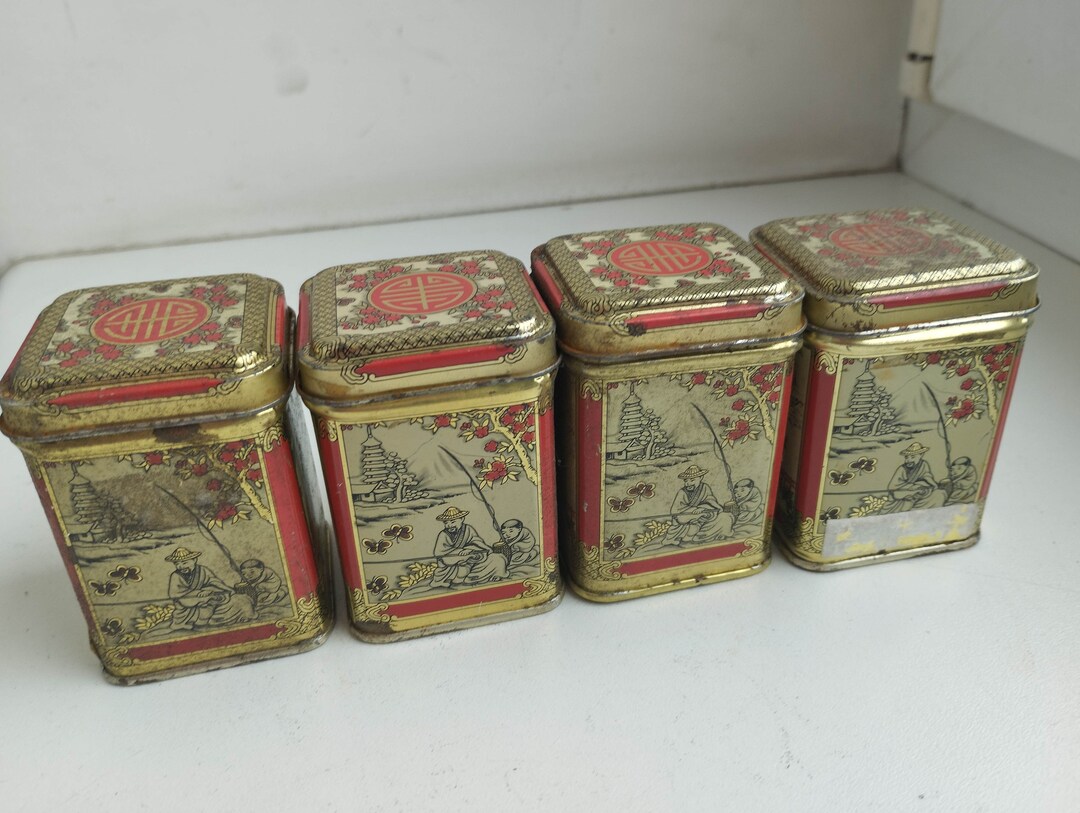 Vintage 1970s. Set 4 Tin Box Container Chinese Tikuan Yin Tea, Pu-erh ...