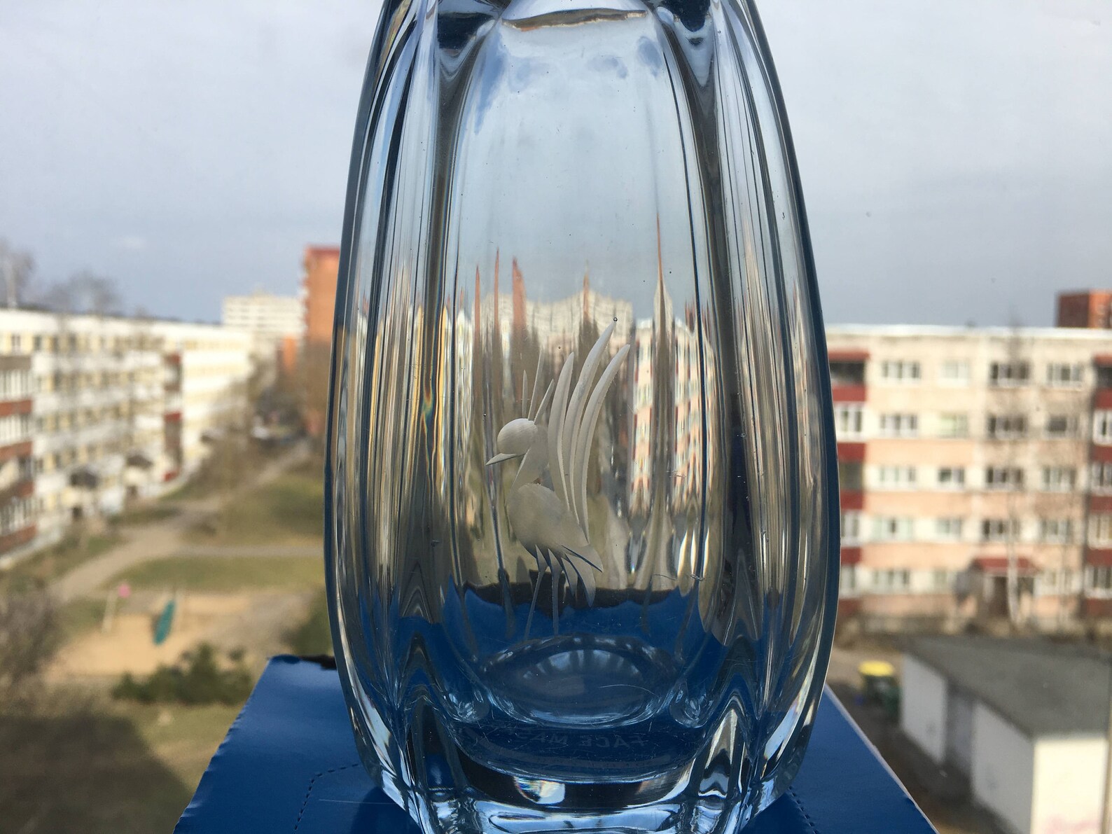 Scandinavian Ice Blue Art Glass Vase Etched Bird | Etsy