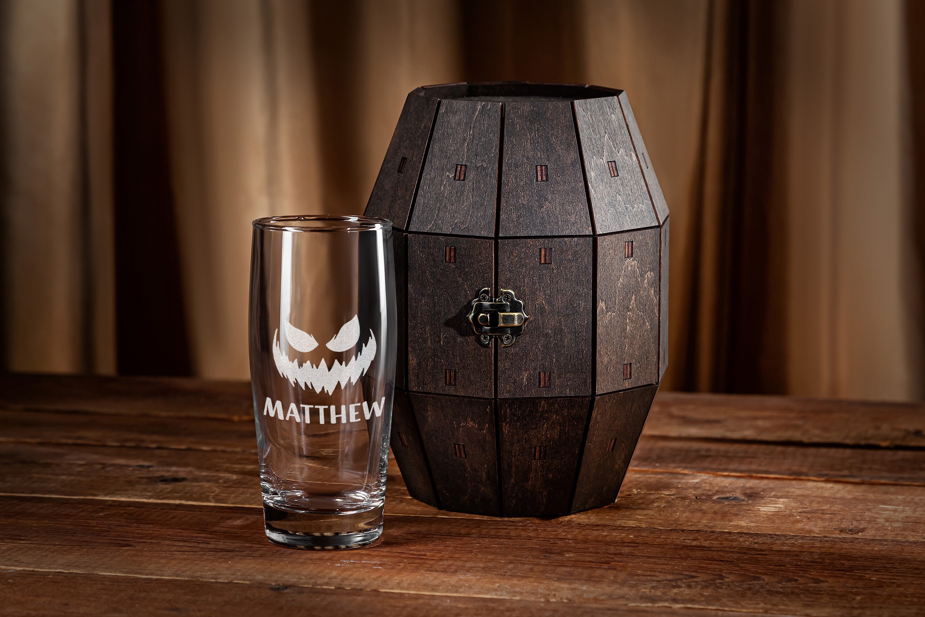 Halloween Gift Beer Glass in Wooden Barrel, Unique Gift for Him, Spooky ...