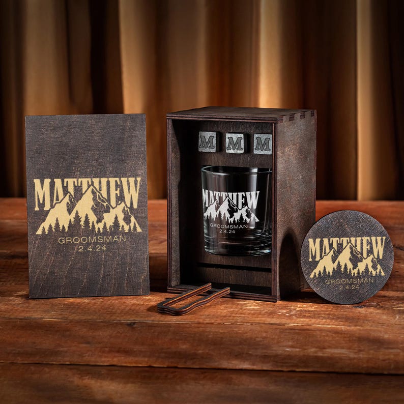 Mountain Groomsmen Gifts, Personalized Whiskey Glass Set in Wood Box ...