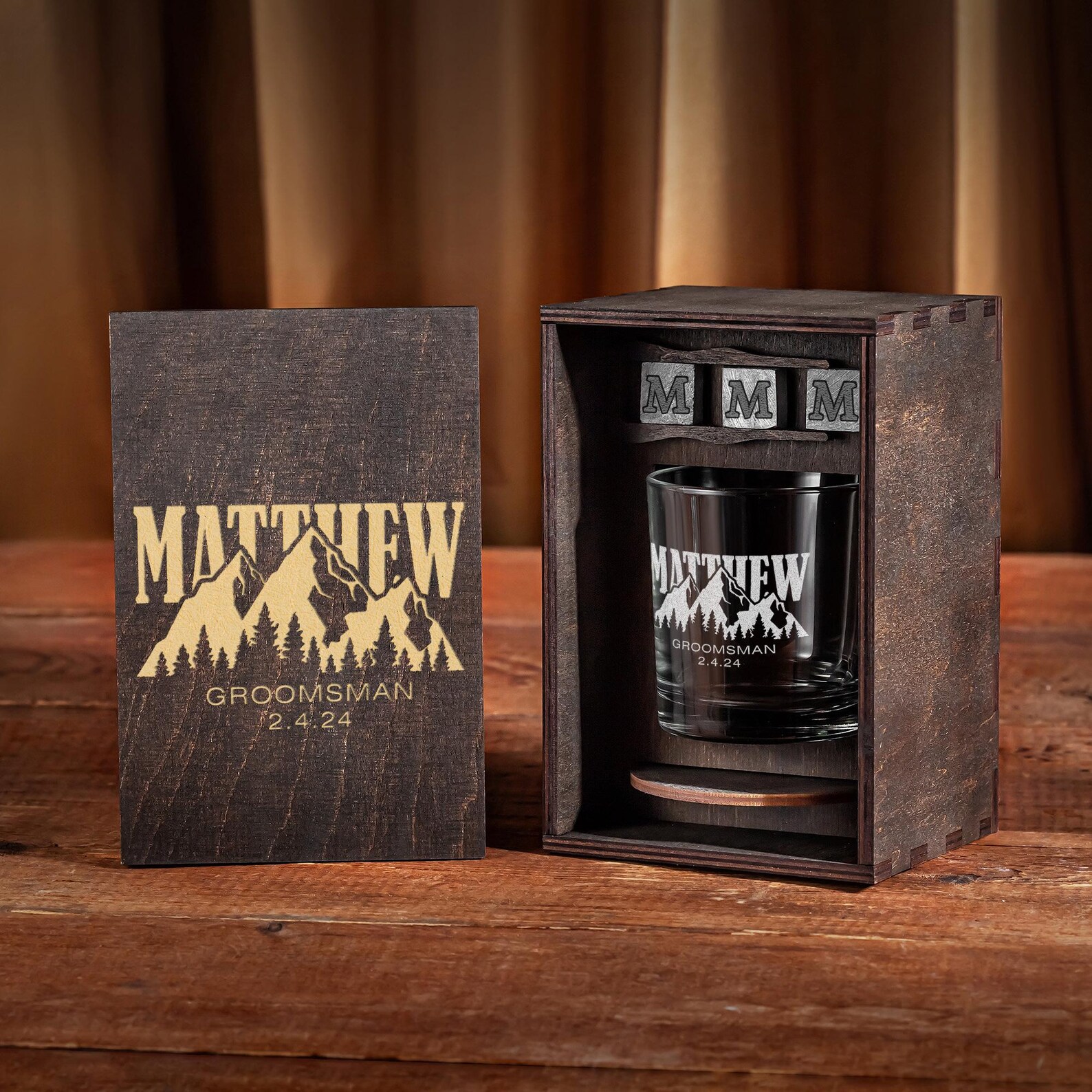 Mountain Groomsmen Gifts, Personalized Whiskey Glass Set in Wood Box ...