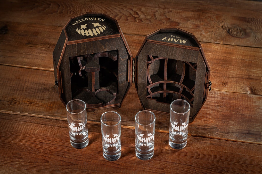 Halloween Gift Personalized Set of Shots in a Wooden Barrel, Happy ...