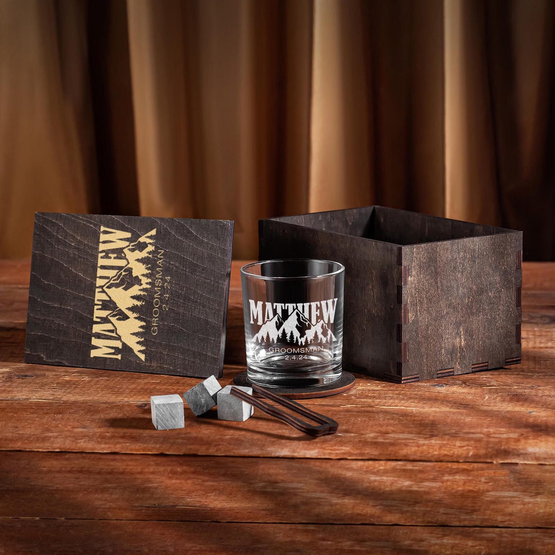 Mountain Groomsmen Gifts, Personalized Whiskey Glass Set in Wood Box ...