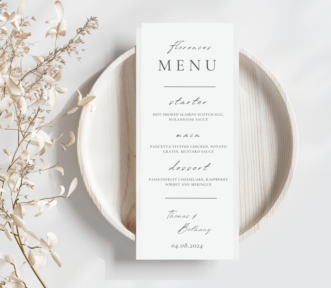 Classic, Minimalist Wedding Menu Template, Individual Table Menus ...