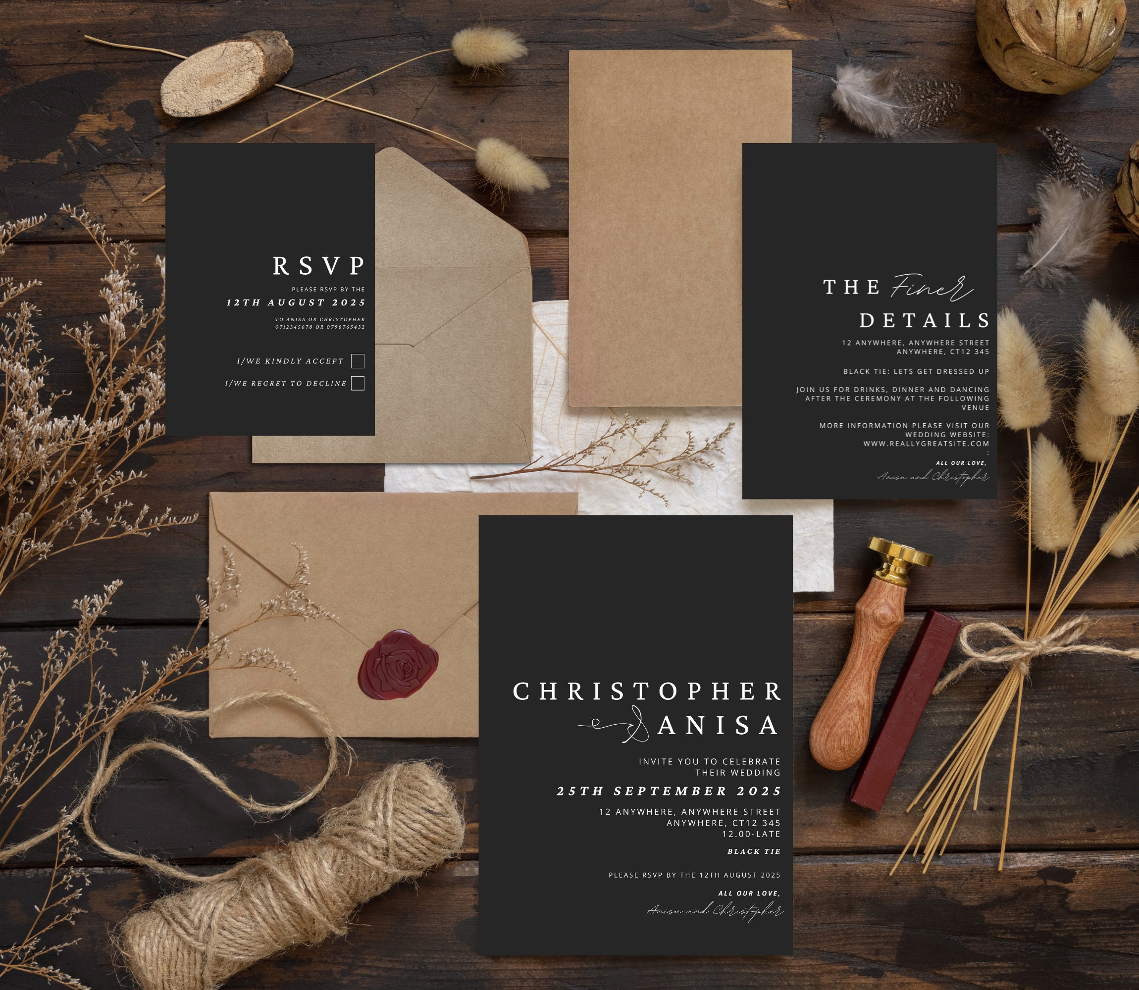 Black Minimalist Wedding Invitation Set Template (digital Download) - Etsy