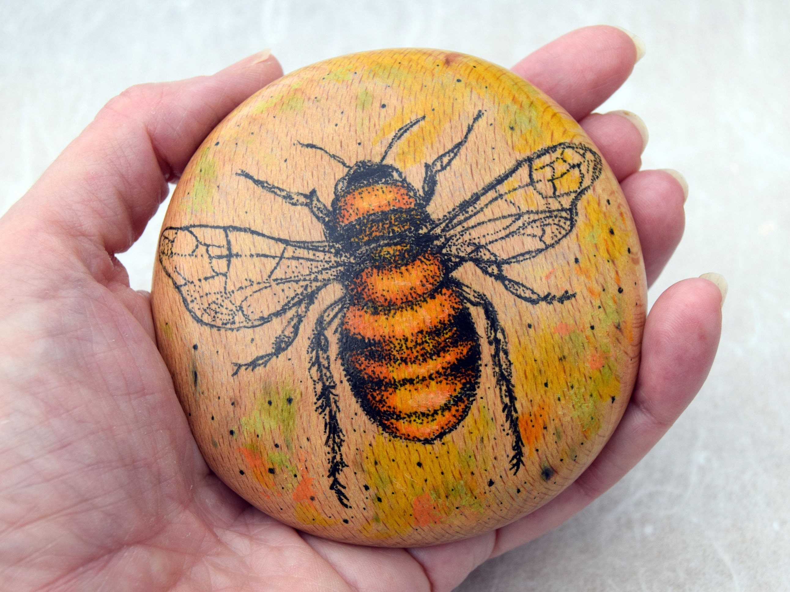 Hand Painted Bee Wooden Pebble - Etsy UK