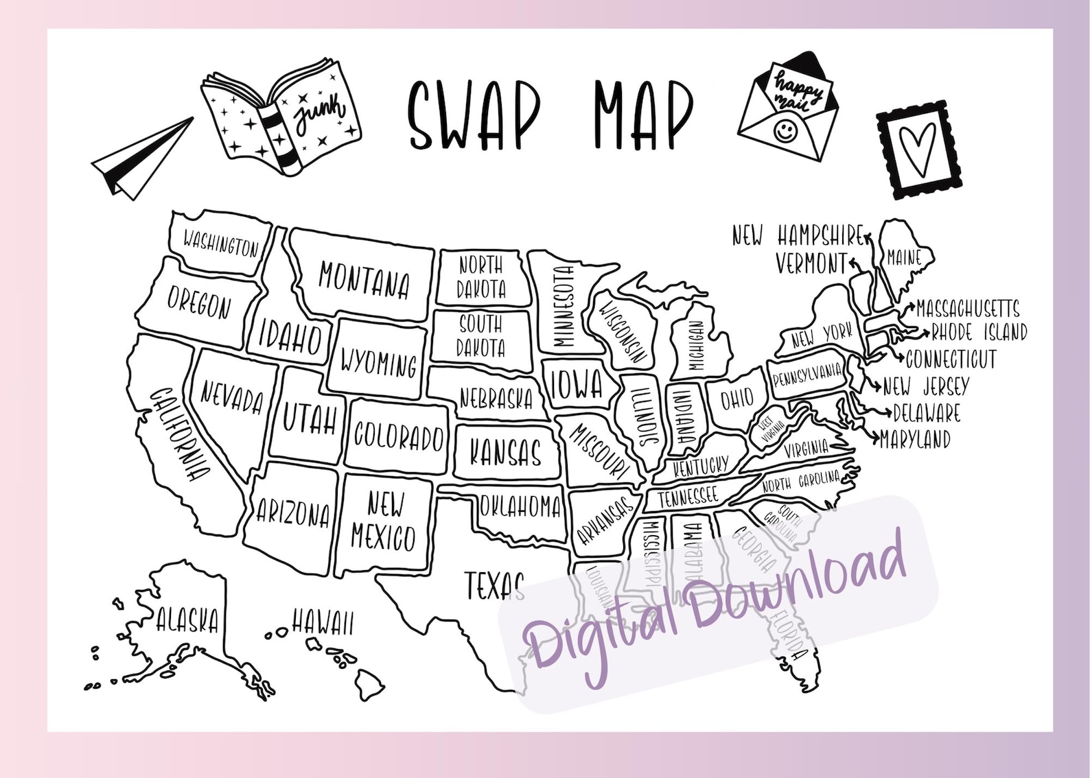 U.S. Swap Map: Color-in Junk Journal Printable (digital Download) - Etsy