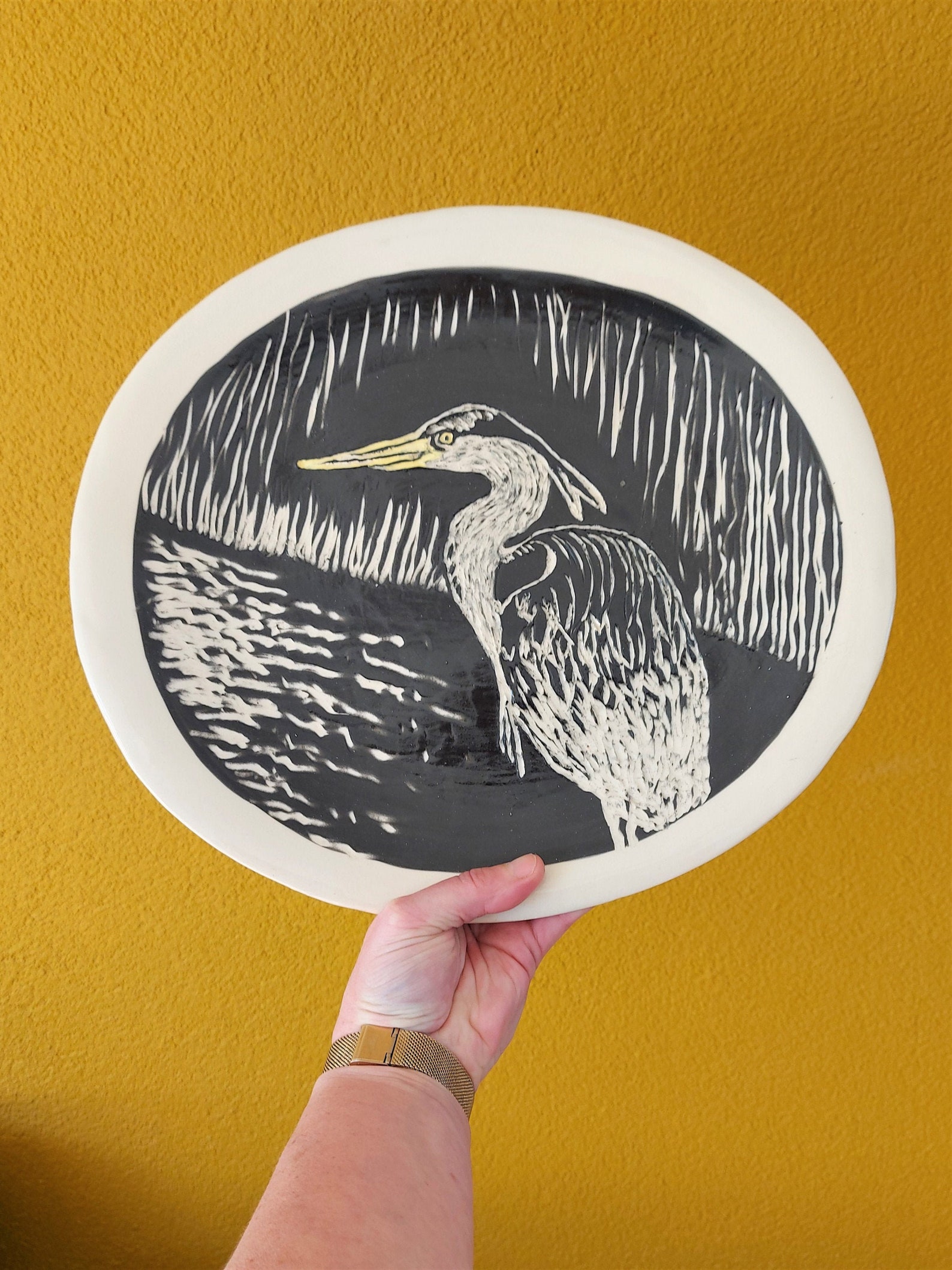 Ceramic Heron Sgraffito Plate - Etsy