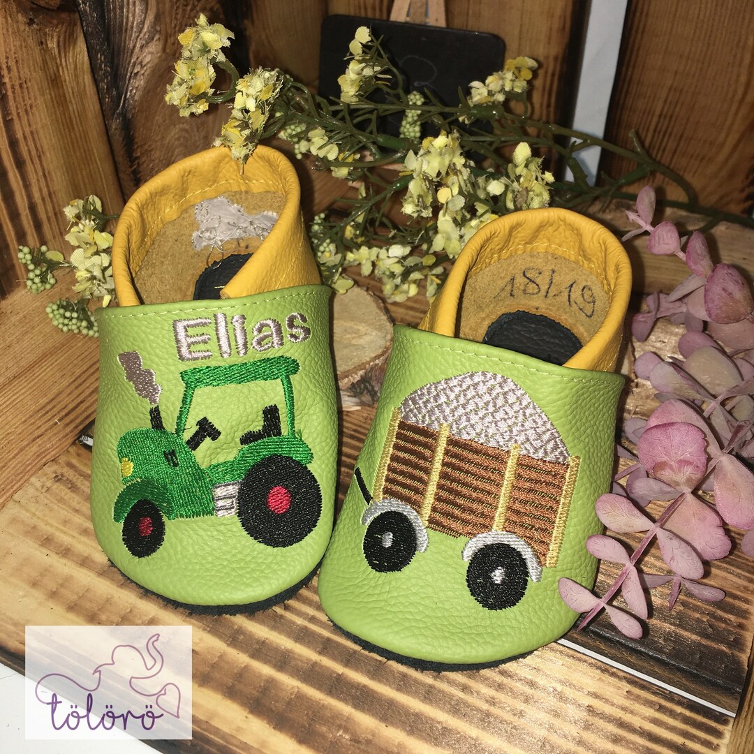 Leather Slippers Crawling Shoes Tractor With Name and Tag - Etsy