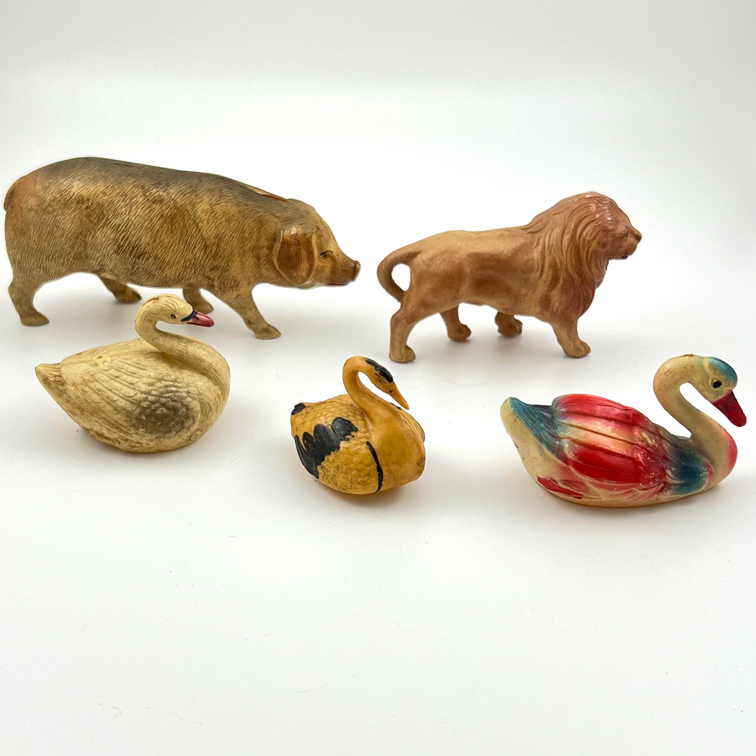 14 Antique Vintage CELLULOID ANIMALS Farm Zoo Lion Dogs Cow Swans Pig ...