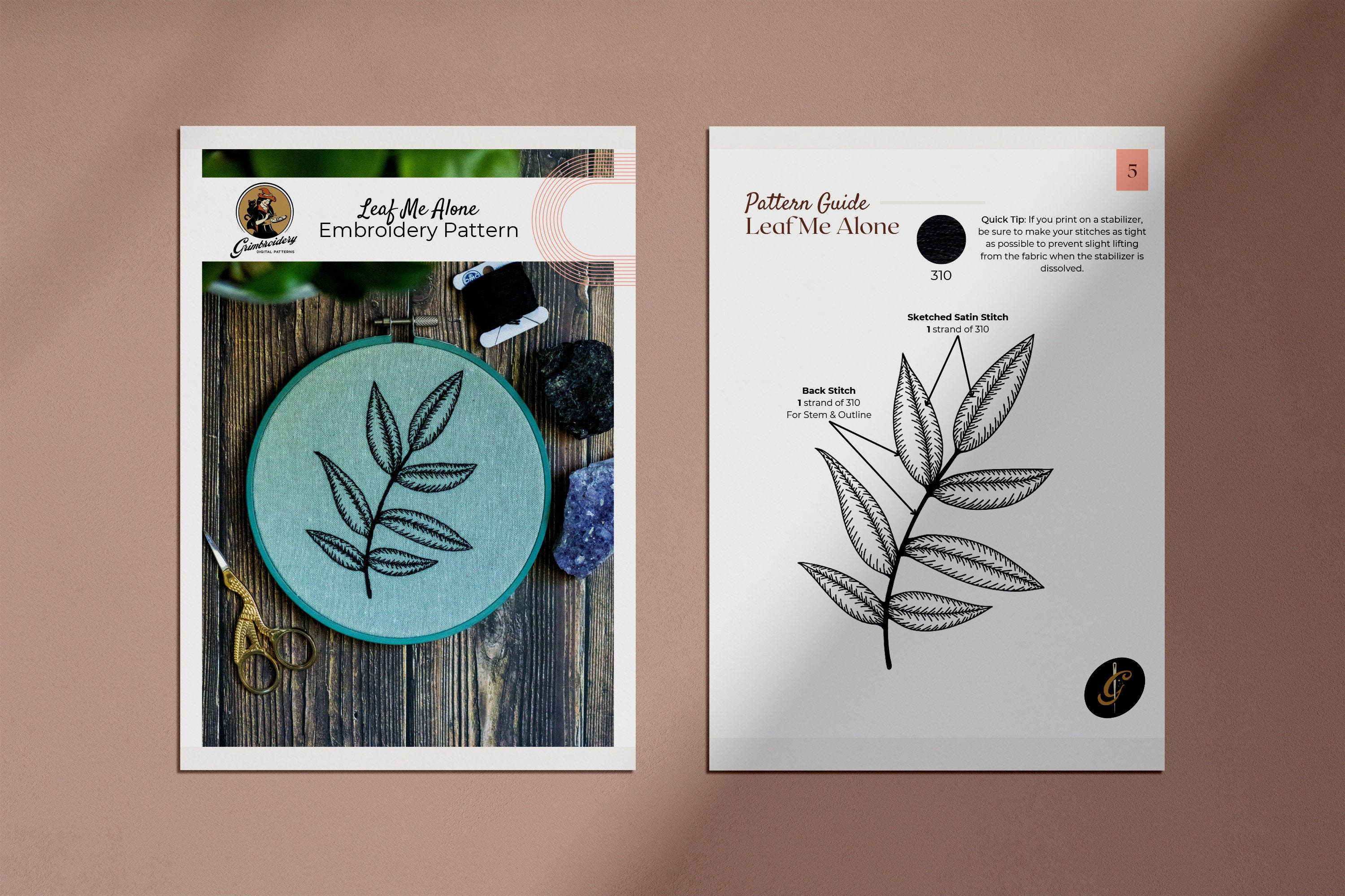 Hand Embroidery Pattern Green Botanical Leaf Digital Download PDF ...