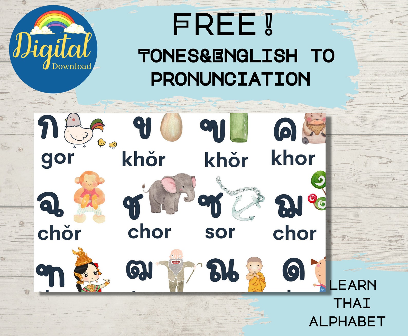44 Thai Consonant Poster: Free Alphabet Tracing Worksheet | Etsy