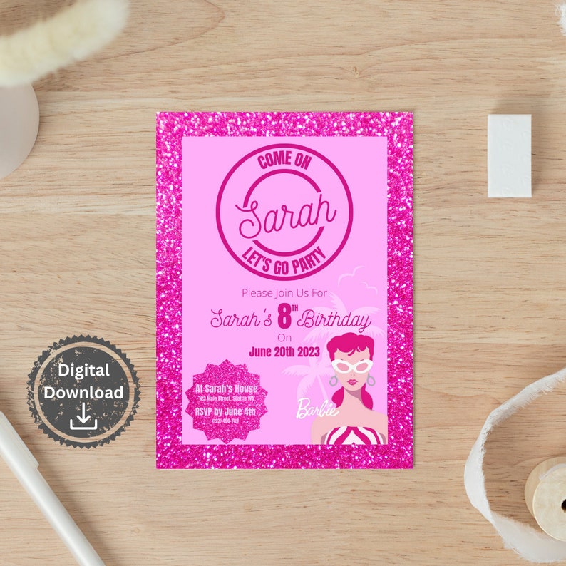 Barbie Themed Birthday Invitation Card Template, Editable Birthday ...