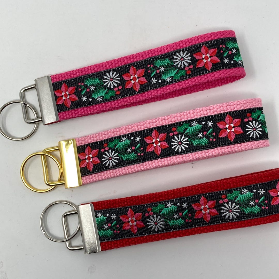 Poinsettia and Holly Jacquard Ribbon Key Fob Wristlet Keychain Keyring ...