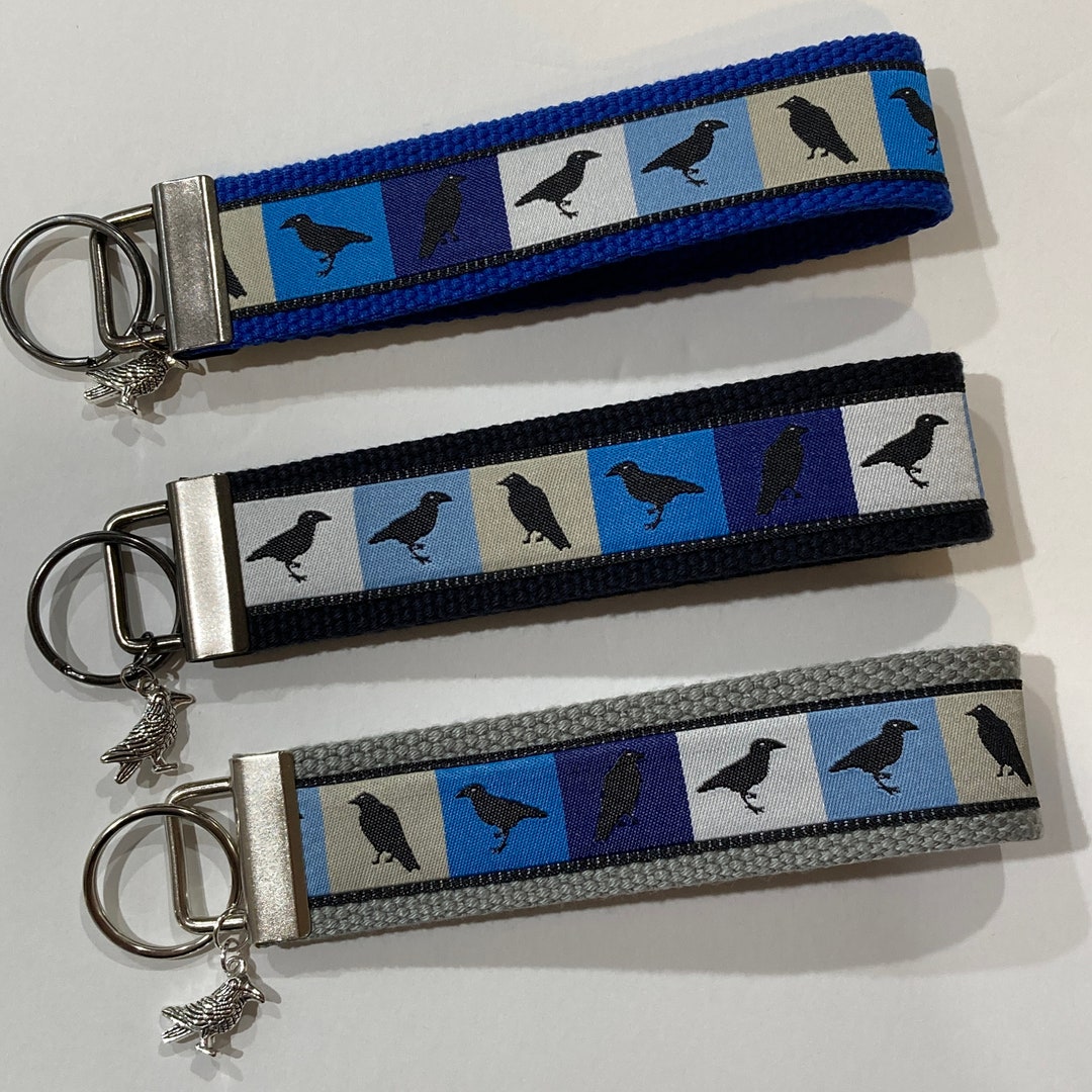 Crow Raven on Tones of Blue Jacquard Ribbon Key Fob Wristlet Keychain ...