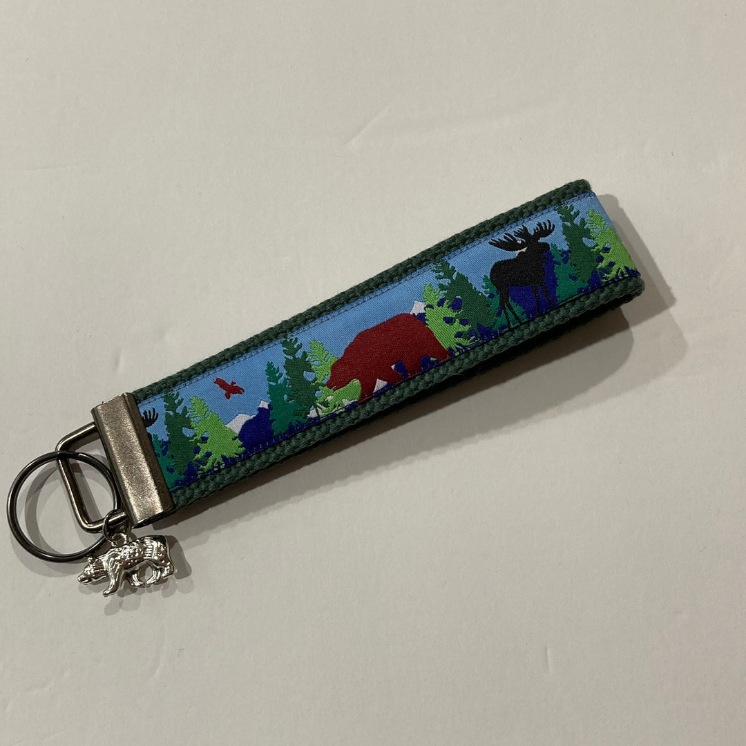 Moose & Bear in Forest Jacquard Ribbon Key Fob Wristlet Keychain ...